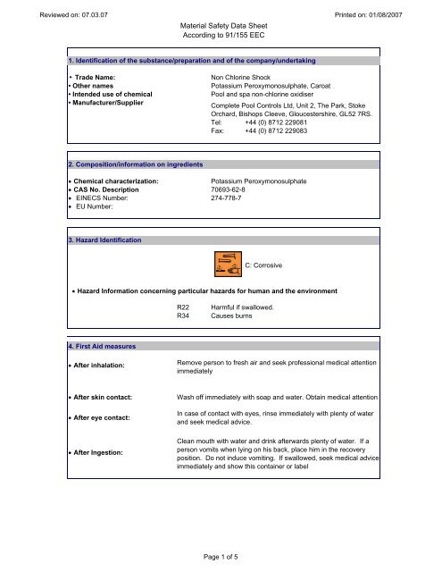 our material safety data sheet. - The Swimming Pool Store