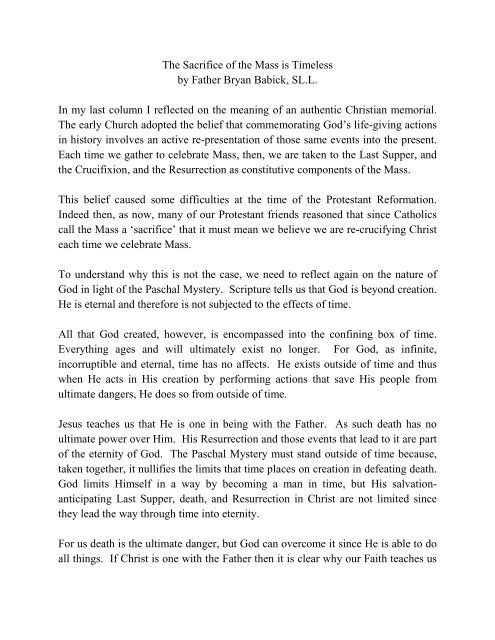 The Sacrifice of the Mass is Timeless by Father Bryan Babick, SL.L ...