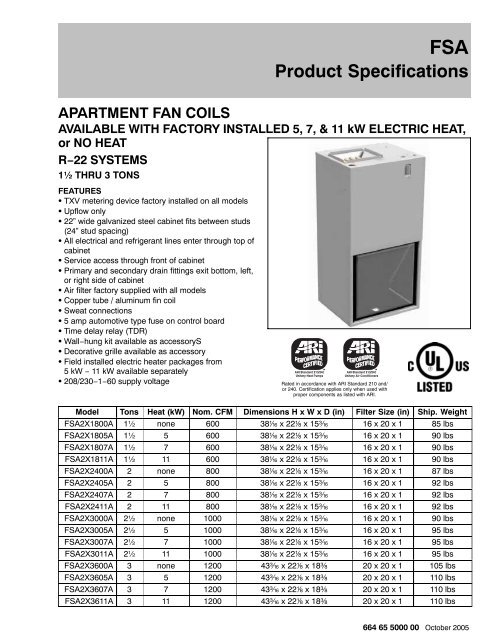 FSA, Apartment Fan Coil Specification Sheet