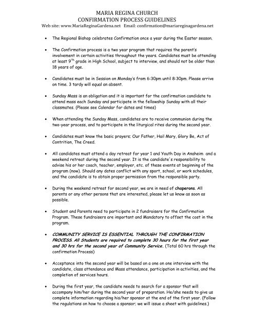 MARIA REGINA CHURCH CONFIRMATION PROCESS GUIDELINES