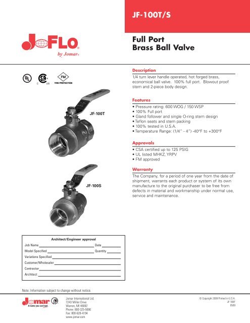 JF-100T/S Full Port Brass Ball Valve - Combustion 911