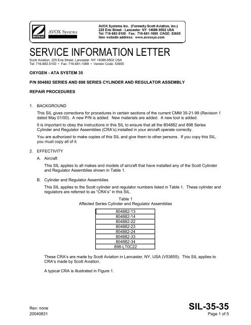 SERVICE INFORMATION LETTER - AVOX Systems, Inc.