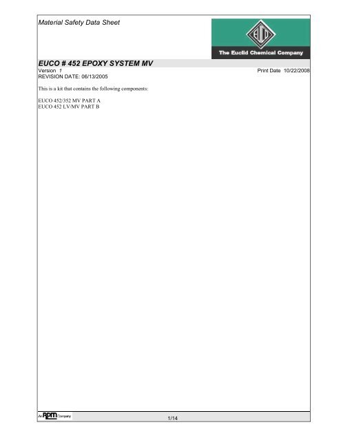 Euco #452 Epoxy System MV MSDS - USA - Euclid Chemical Co