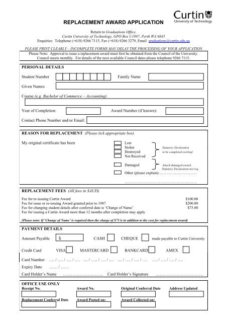 REPLACEMENT AWARD APPLICATION - Curtin University