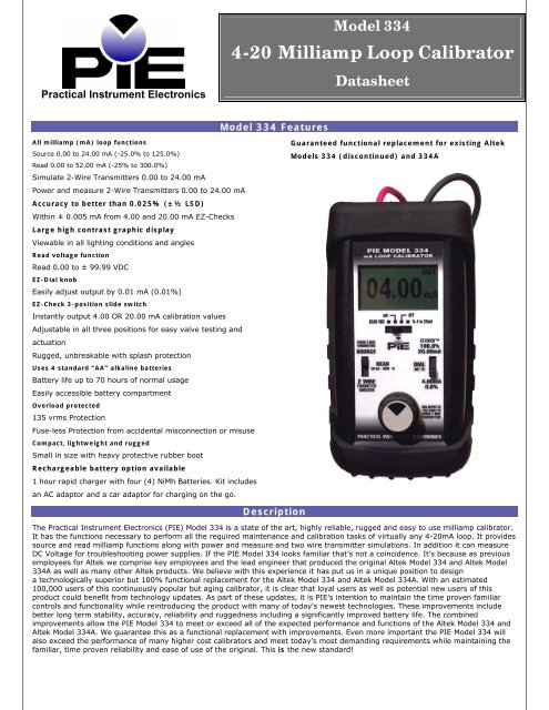 Model 334 4-20 Milliamp Loop Calibrator Datasheet