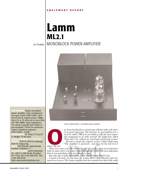 MONOBLOCK POWER AMPLIFIER - Lamm Industries