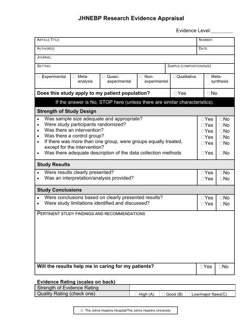 JHNEBP Research Evidence Appraisal [pdf]
