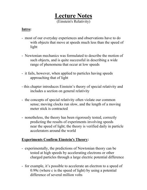 Lecture Notes (Einstein's Relativity) - Dickey Physics