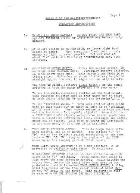 Model E-AR-400 Electropsychometer OPERATING INSTRUCTIONS ...