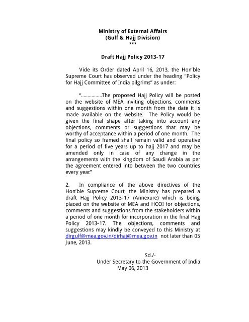 Ministry of External Affairs (Gulf & Hajj Division) *** Draft Hajj ...