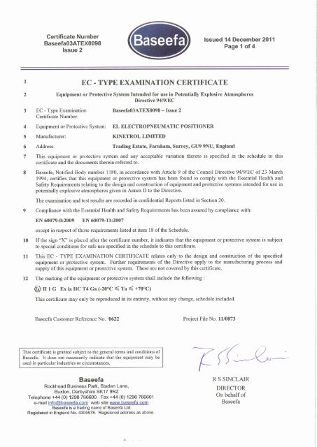 EL Positioner ATEX Certificate - Kinetrol