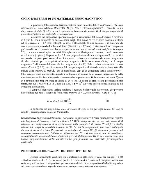 ciclo d'isteresi di un materiale ferromagnetico - Docente.unicas.it