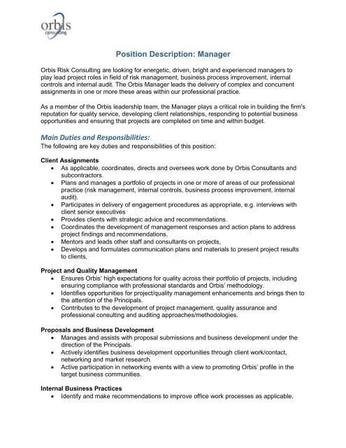 Position Description: Manager Main Duties and Responsibilities: