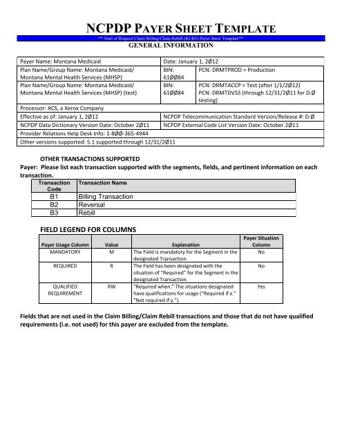 NCPDP PAYER SHEET TEMPLATE - Montana Pharmacy Association