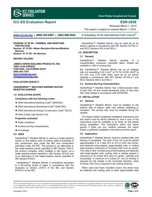 ESR-2658 - James hardie Building Products Inc. - ICC-ES