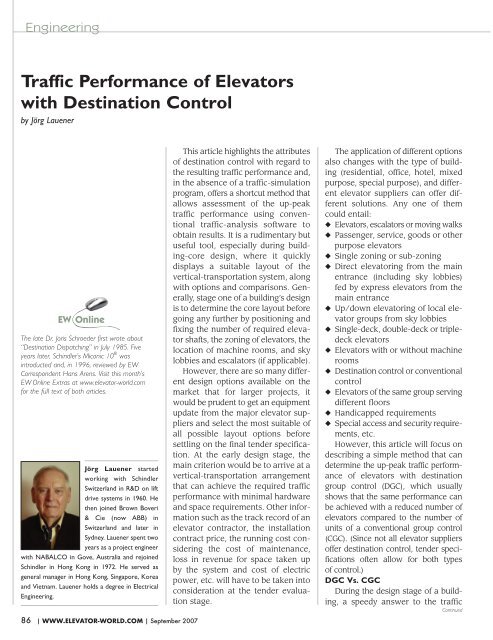 Traffic Performance of Elevators with Destination ... - Elevator World