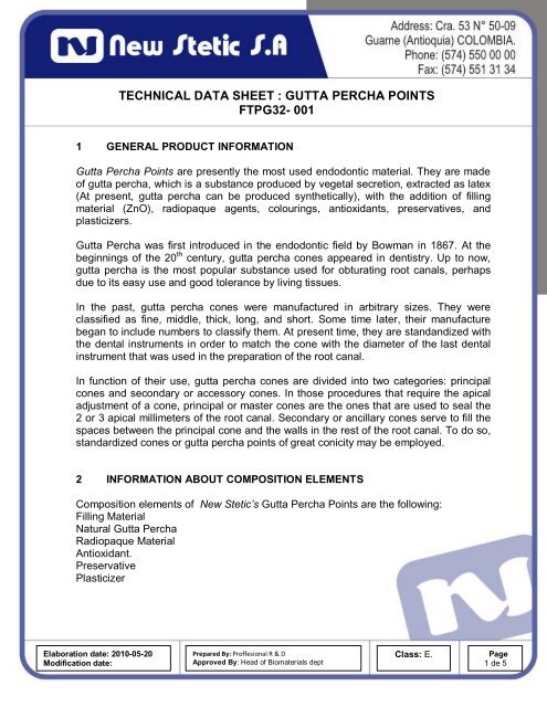 technical data sheet : gutta percha points ftpg32- 001 - New Stetic