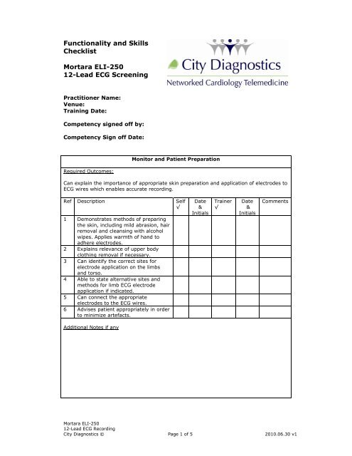 Functionality and Skills Checklist Mortara ELI-250 12-Lead ECG ...