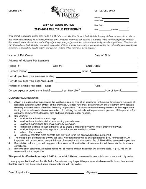 mulitple pet permit - City of Coon Rapids Minnesota