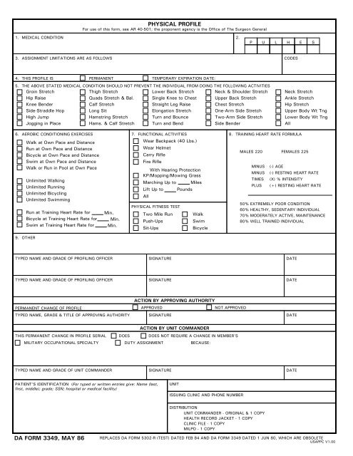PHYSICAL PROFILE DA FORM 3349, MAY 86 - Brooksidepress.org