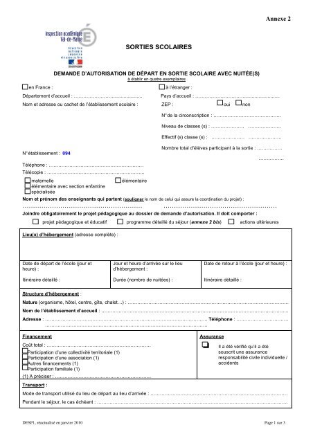 Annexe 2 SORTIES SCOLAIRES ...