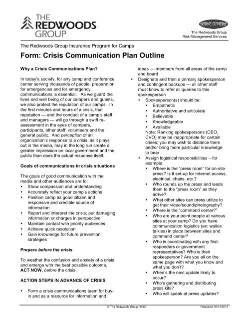 Form: Crisis Communication Plan Outline - The Redwoods Group