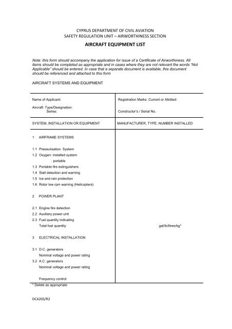AIRCRAFT EQUIPMENT LIST