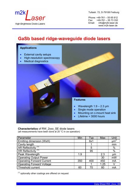 GaSb based ridge-waveguide diode lasers - M2k-laser.com