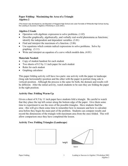 Paper Folding: Maximizing the Area of a Triangle