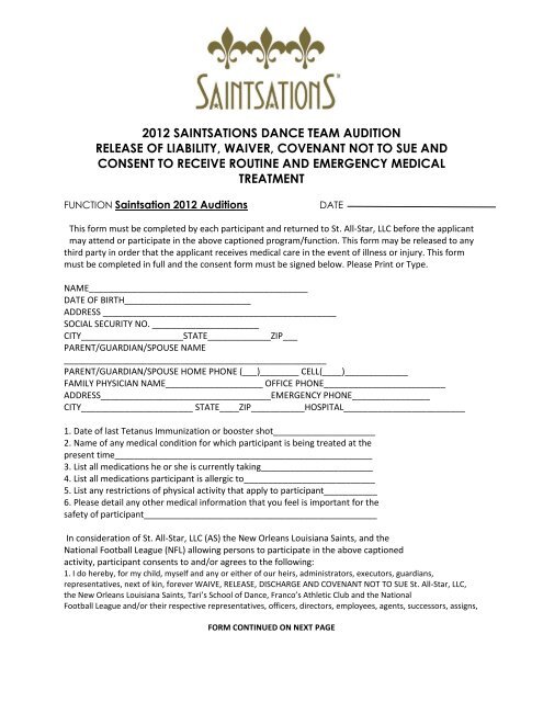 2012 saintsations dance team audition release of liability, waiver ...