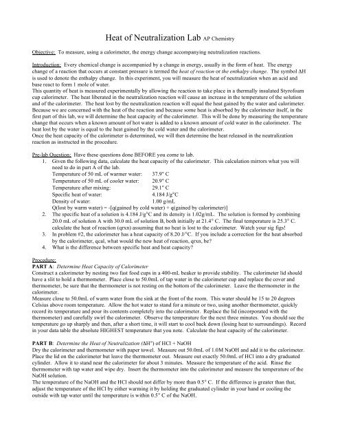 Heat of Neutralization Lab AP Chemistry