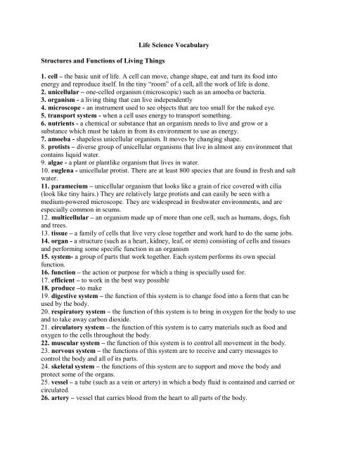 Life Science Vocabulary Structures and Functions of Living Things 1 ...