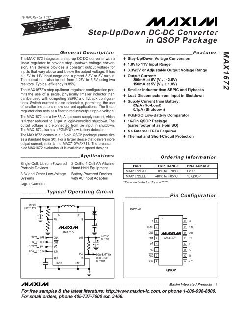 MAX1672 Step-Up/Down DC-DC Converter in QSOP Package