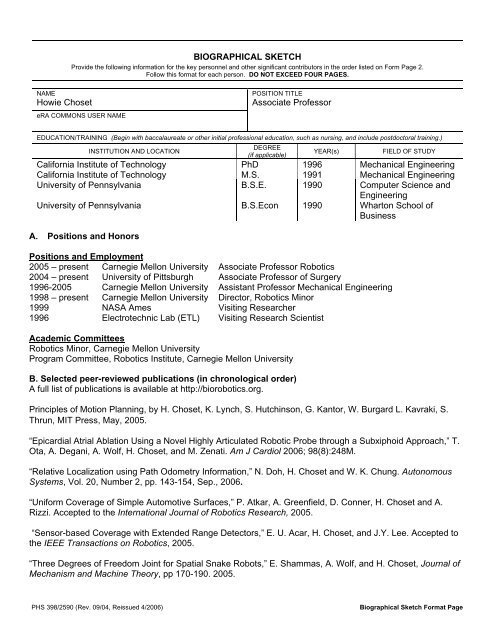 BIOGRAPHICAL SKETCH Howie Choset Associate Professor ...