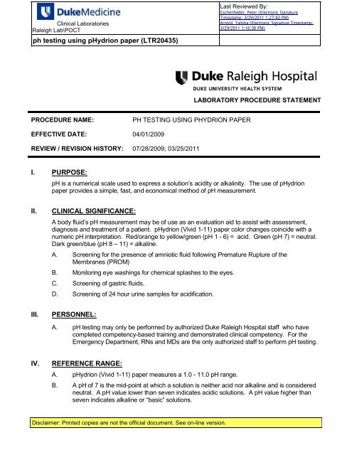 ph testing using pHydrion paper - Point of Care Testing
