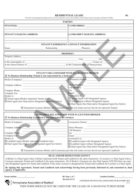 resIdenTIal lease - Pennsylvania Association of Realtors
