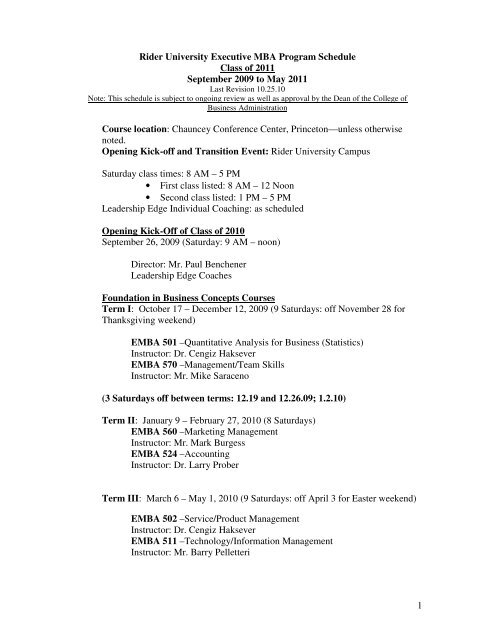1 Rider University Executive MBA Program Schedule Class of 2011 ...