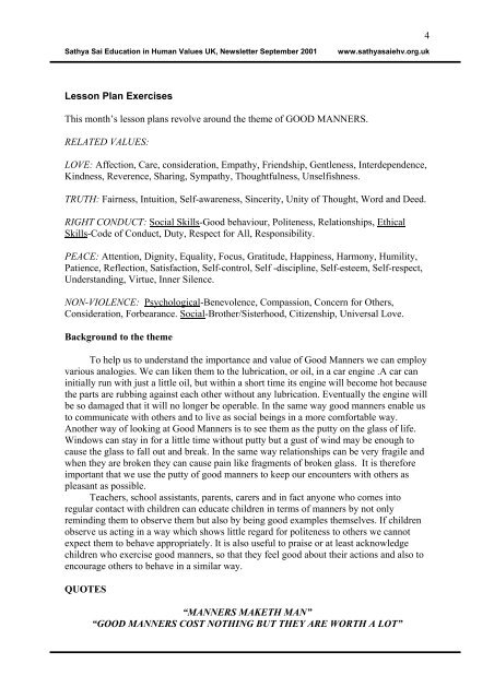 Lesson Plan Exercises - Sathya Sai Education in Human Values