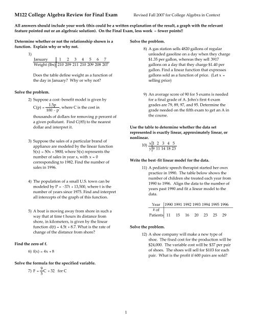 M122 College Algebra Review for Final Exam