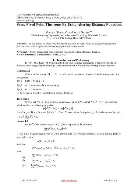 Some Fixed Point Theorems By Using Altering Distance ... - IOSRJEN