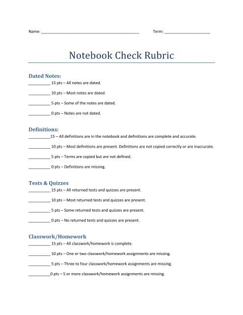 Notebook Check Rubric - Fall River Public Schools