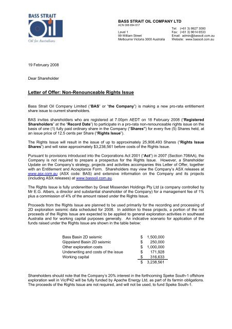 Letter of Offer: Non-Renounceable Rights Issue - Bass Strait Oil