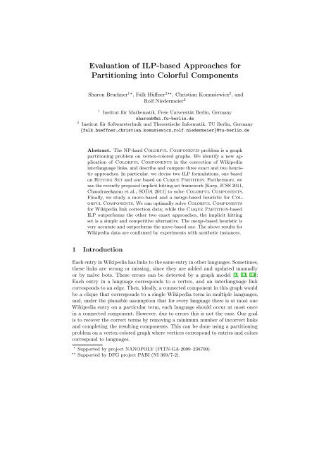 Evaluation Of Ilp Based Approaches For Partitioning Into Tu Berlin