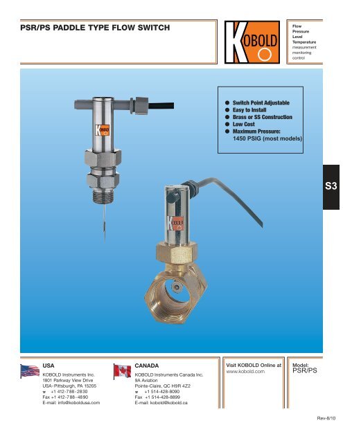 PSR/PS PADDLE TYPE FLOW SWITCH - Kobold