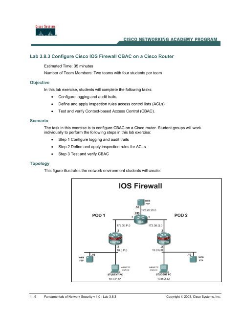 Lab 3.8.3 Configure Cisco IOS Firewall CBAC on a Cisco Router Lab 3.8.3 Configure Cisco IOS Firewall CBAC on a Cisco Router