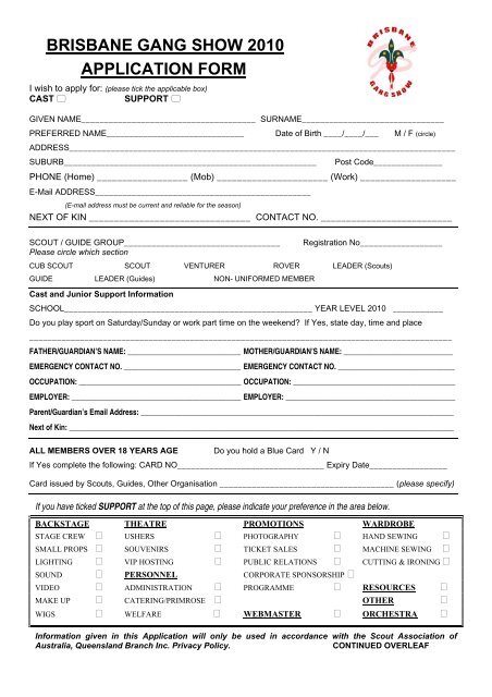 BRISBANE GANG SHOW 2010 APPLICATION FORM