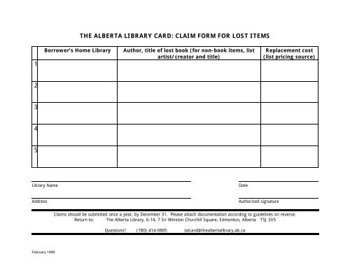 the alberta library card: claim form for lost items 1 2 3 4 5