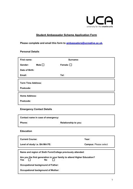 Student Ambassador Scheme Application Form
