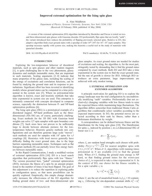 Improved extremal optimization for the Ising spin glass - APS Link ...