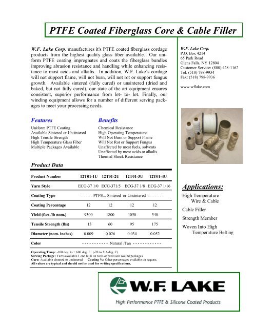 PTFE Coated Fiberglass Core & Cable Filler - WF Lake Corp.